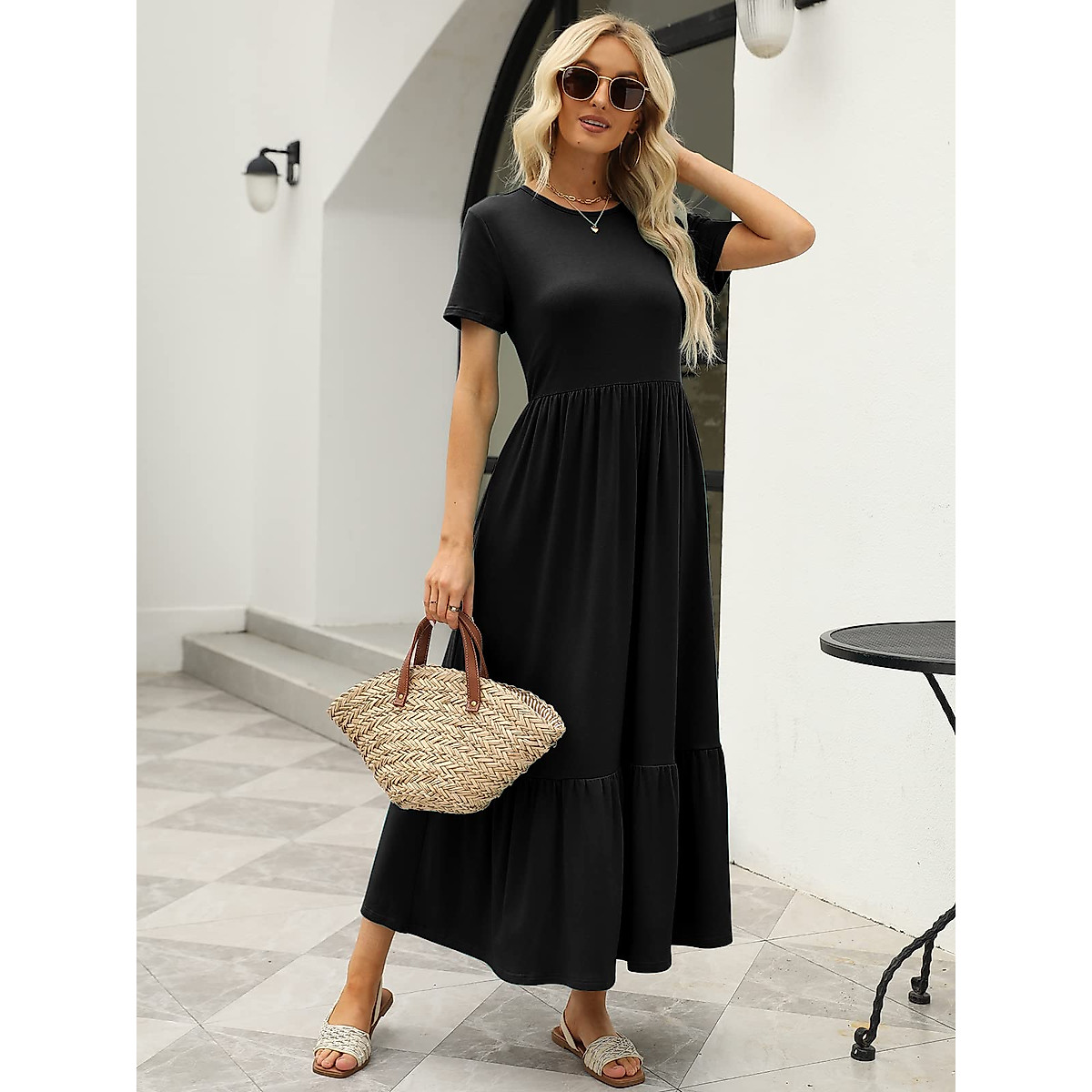 LILLUSORY Womens Short Sleeve Crew Neck Tiered Flowy Swing Midi Dresses with Pockets Black