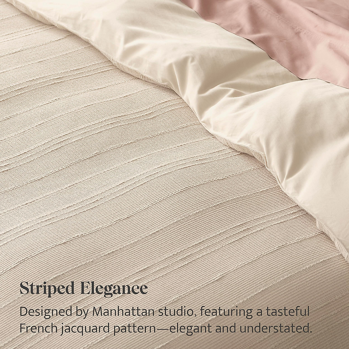 Double Stitch Striped Textured Duvet Cover Set, Smooth Breathable Cotton Tencel Blend, King Size Comforter Cover, Ultra Soft Luxury Bedding Set, 1 Duvet Cover 106" x 90", 2 Shams, Textured Sandstone