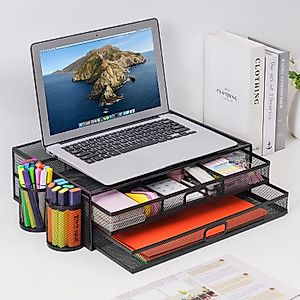 Monitor Stand with Drawer | Monitor Riser with Drawers and 2 Magnetic Pen Holder | Black Mesh Metal Desk Organizer for Computer, PC, Laptop, Printer, Notebook, iMac (Set of 3)