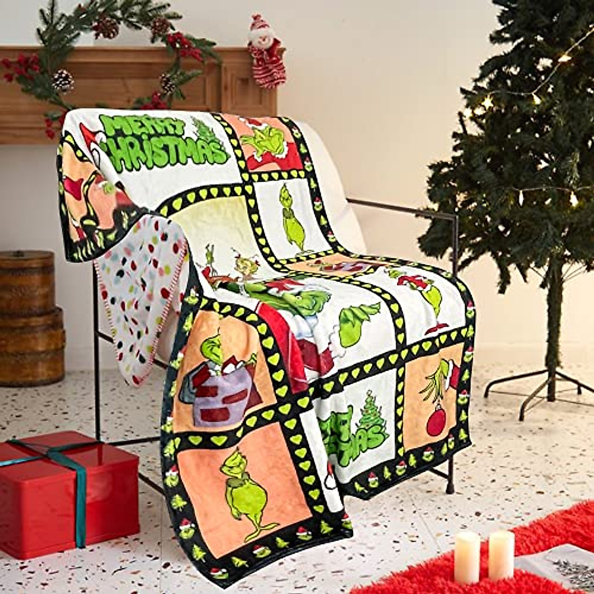 Christmas Fleece Blankets Super Soft Bed-Throw Blanket Green Christmas Grinchy Cartoon Mosaic Warm Bed Blanket for Sofa Chair Bed Living Room Funny Stitching Winter Companion Blessing 60"x80"