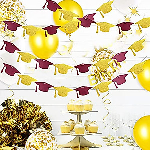 Graduation Decorations Maroon Gold 2023 Maroon Grad 4pcs Graduation Hat Banner Garlands Glitter Burgundy Gold for FSU Graduation Party Supplies 2023