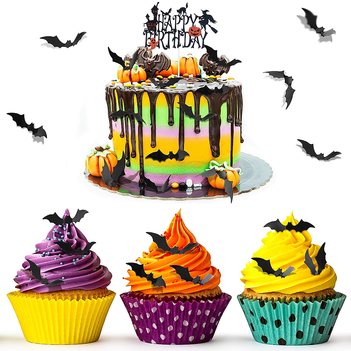 Halloween Happy Birthday Witch Cake Topper with 30 Pieces 3D Bats Cake Decoration Black Glittery Halloween Pumpkin Cake Topper Ghost Cake Picks for Birthday Halloween Party Supplies