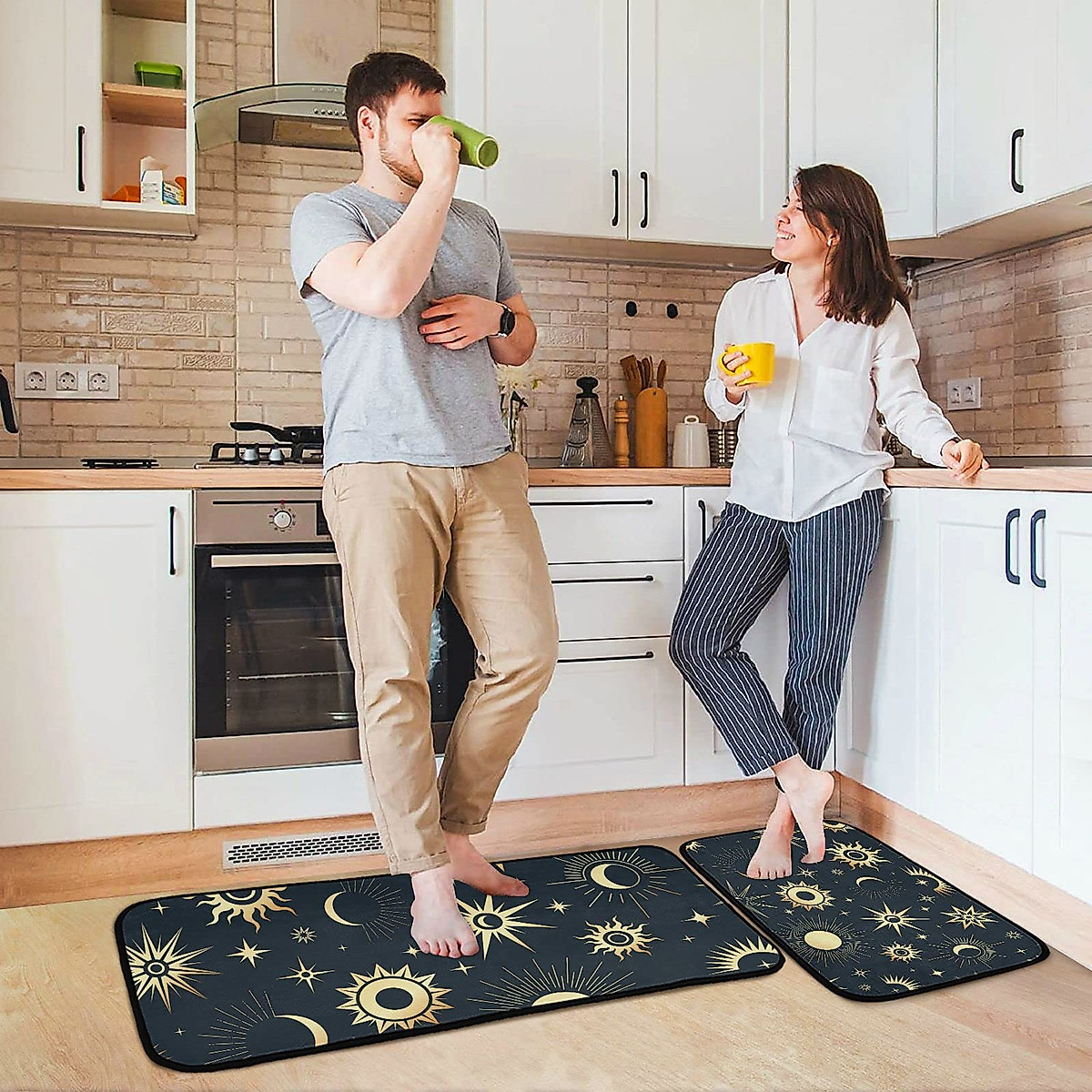 ZENWAWA Alchemy Star Moon Sun Anti Fatigue Kitchen Mat 2 Pieces Set Cushioned Kitchen Rug Waterproof Non Slip Comfort Standing Padded Floor Rugs
