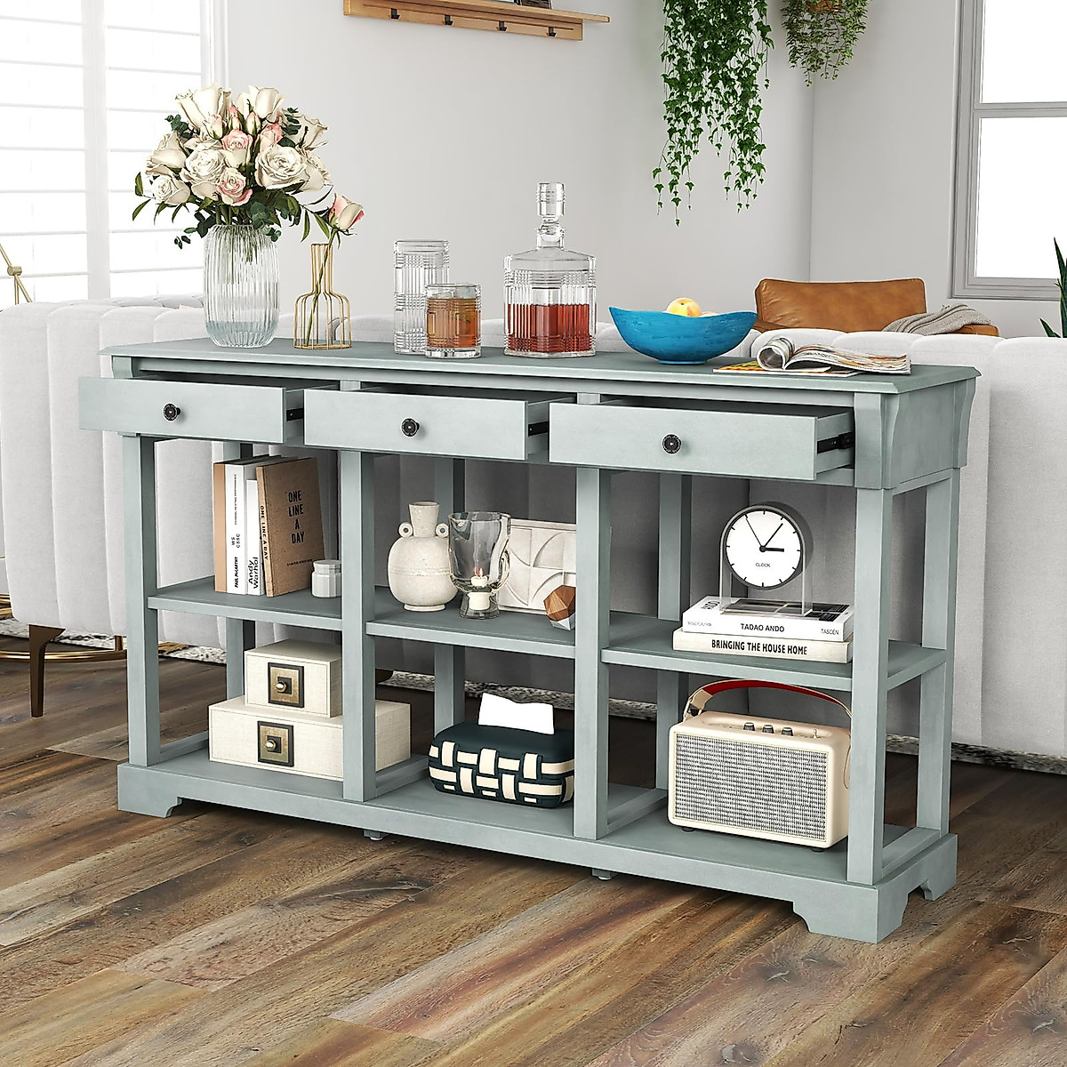 KOTEK 58'' Console Table with Storage, Retro Entryway Table with 3 Drawers and Open Shelves, Solid Wood Legs, Long Sofa Table, Hallway Table for Entryway, Living Room