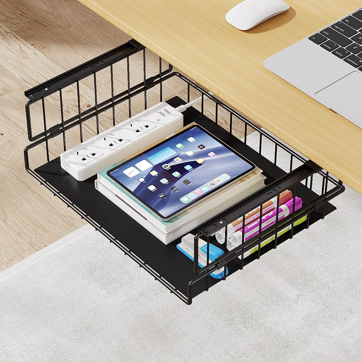 1Easylife Under Desk Storage Mesh Drawer Shelf, Self-Adhesive Pull Out Metal Tray Basket, No Drill Sliding Basket for Cable, Extension Cords, Home, Office, Workspace, Cabinet, Black