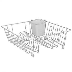Home Basics Vinyl Coated Wire Dish Rack with Utensil Holder | Neutral Colors | Match Any Kitchen Decor | Slots for Plates | Loops for Mugs & Glass (Small White)