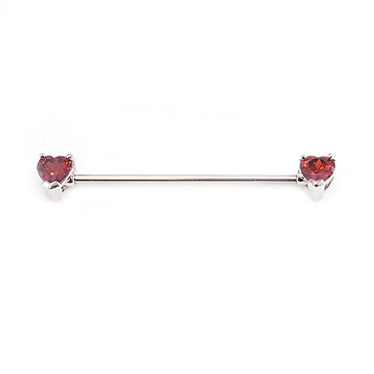 Industrial Barbell with Front Facing Heart Shape Garnet Cubic Zirconia Ends Stainless Steel Earring Cartilage Body Piercing Jewelry, 14G.