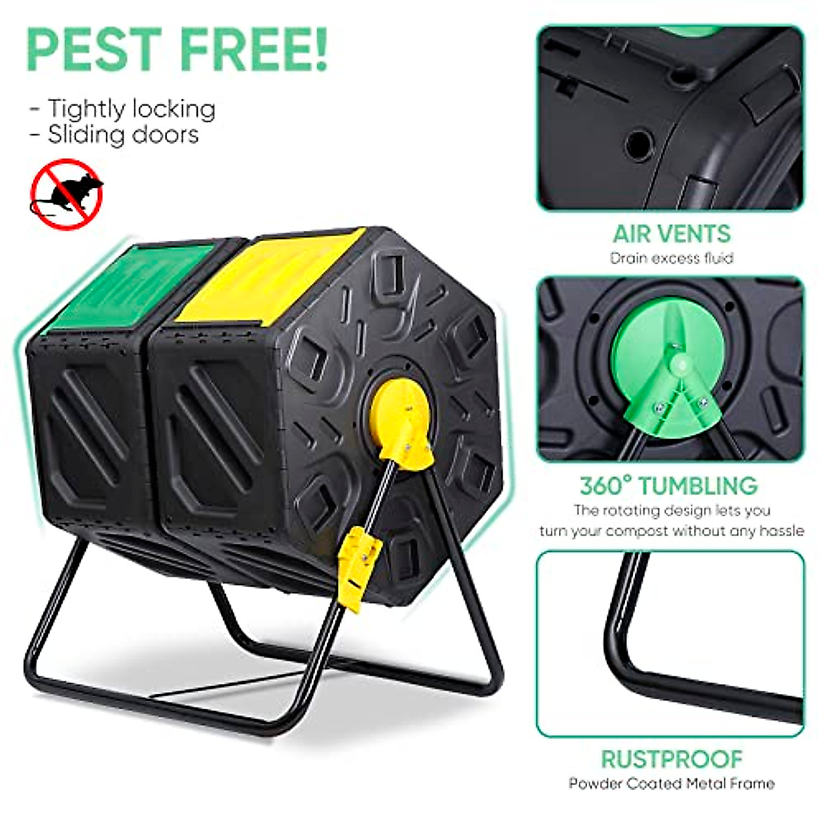 HomGarden Dual Chamber Compost Tumbler for Garden and Outdoor, 37 Gallon High Volume Composter with 2 Sliding Doors, Black