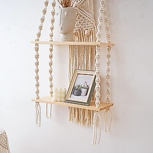 JnnRain Macrame Shelf Wall Hanging Beige Shelves White Decor Plants Home 2D x 1W x 1H in