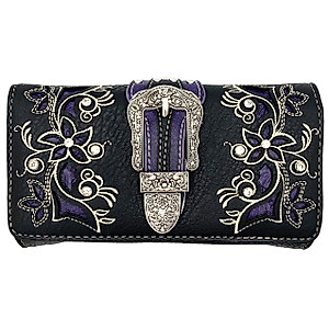 Justin West Concealed Carry Western Tritone Fringe Weaving Buckle Longhorn Star Turquoise Embroidered Laser Cut Handbag Purse CrossBody Messenger Trifold Wallet (Purple Handbag & Wallet Set)