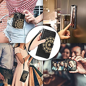 CASEOWL Compatible for iPhone 13 Wallet Case Magnetic Detachable-2 in 1 Mandala Embossed Flip Leather Wallet Case for Women Girls [RFID Blocking]with Card Holder, Hand Strap for iPhone 13 2021(Black)