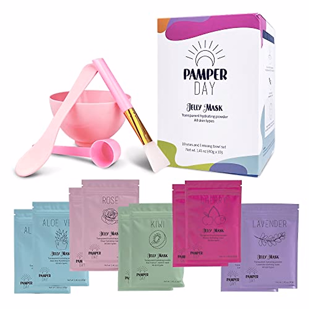 Pamper Day - Jelly Masks for Facials, Peel Off Face Mask Bundle Kit, Jelly Mask Facial Kit for Skin Care, Spa Mask Set With 10 Fruit Peel Masks, Silicone Brush, Mixing Bowl, Spatula, & Measuring Spoon