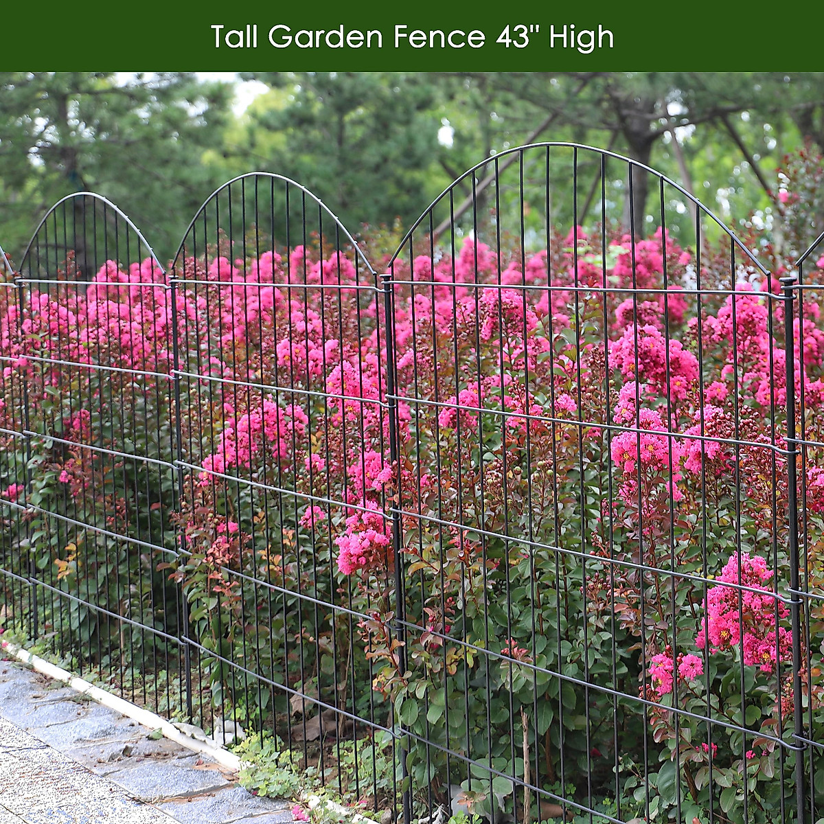 FOREHOGAR Decorative Metal Garden Fence Outdoor CTW3643, 43.2in H x 14.75 ft L, No Dig Temporary Dog Fence Border Fencing for Yard Patio Landscape Flower Bed,5 Panels + 6 Stakes, Black