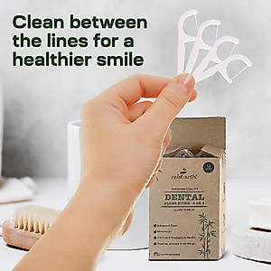 rebEarth Natural Dental Floss Picks - Oral Care Dental Pick w/Mint Flavored Toothpicks, 2-in-1 Natural Floss & Toothpicks, Plant-Based Dental Flossers, Tooth Floss Picks w/Tongue Cleaner (200 Count)