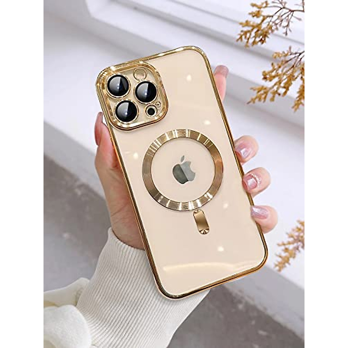 AICISINGN Magnetic Clear Case for iPhone 14 Pro Max with Full Camera Lens Protector Slim Soft TPU Military Grade Drop Protection Case Cover Compatible with MagSafe for Women Girls 6.7"-Gold