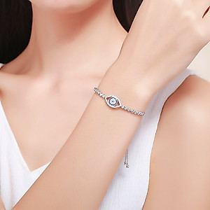 BISAER 925 Sterling Silver Blue Evil Eye Bracelet with Cubic Zirconia Adjustable Chain Bracelets for Women
