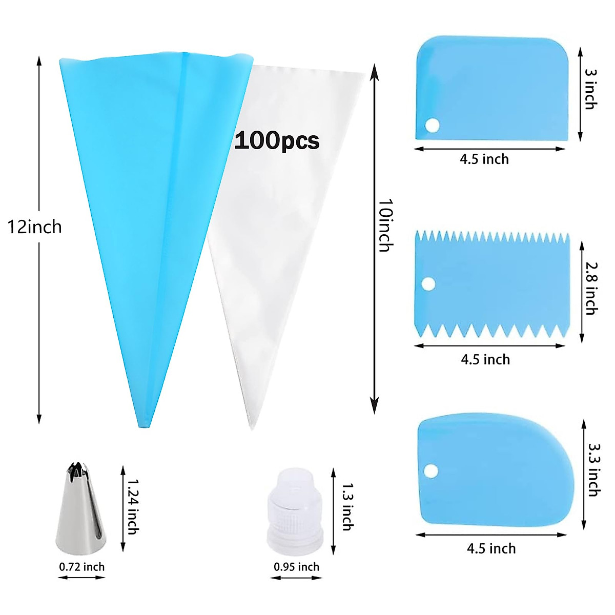 Piping Bags Pastry Bag 100PCS 2 Couplers,14 Frosting Tips 3 Cake Scraper 1 Tie, Cupcake Cake Decorating Bags Disposable Cake Icing Decorating Piping Bags Set For Cake Decorating Reusable For Cookies