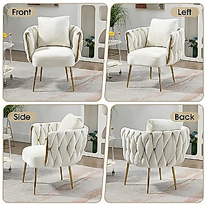 NIOIIKIT Modern Velvet Accent Chair, Hand Weaving Upholstered Armchair with Throw Pillow, Leisure Single Reading Sofa Chair with Gold Metal Legs for Living Room, Bedroom, Office (Beige)