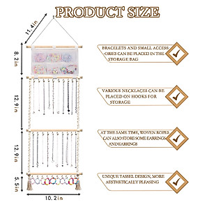 Lilcolat Hanging Jewelry Organizer Macrame Necklace Holder with 30 Hooks Wall Mounted Jewelry Hanger Over Door Necklace Rack with Tassel for Necklaces Bracelet Earrings Display Headband Bow Organizer