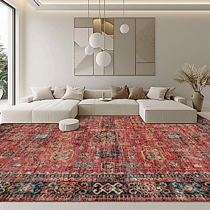 QQL Rug for Living Room, Machine Washable Area Rugs 9'x12' for Bedroom, Ultra-Soft Non-Shedding Faux Wool Vintage Design Boho Low Pile Mat Throw Carpet，Stain Resistant Rugs with Non-Slip Backing