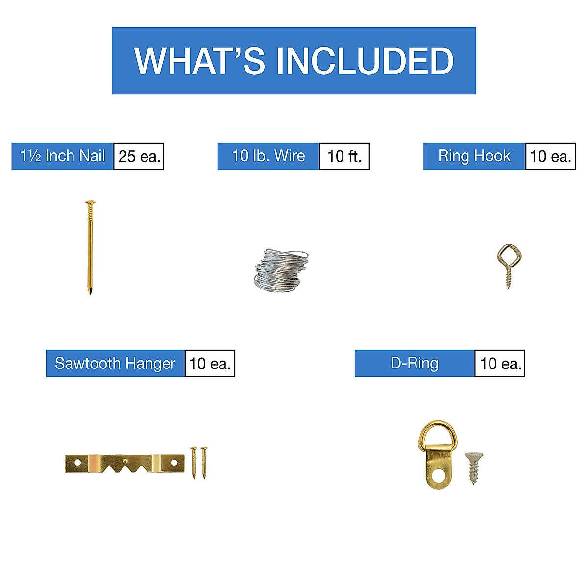 Assorted Picture Hanging Kit | 220 Piece Assortment with Wire, Picture Hangers, Hooks, Nails and Hardware for Frames