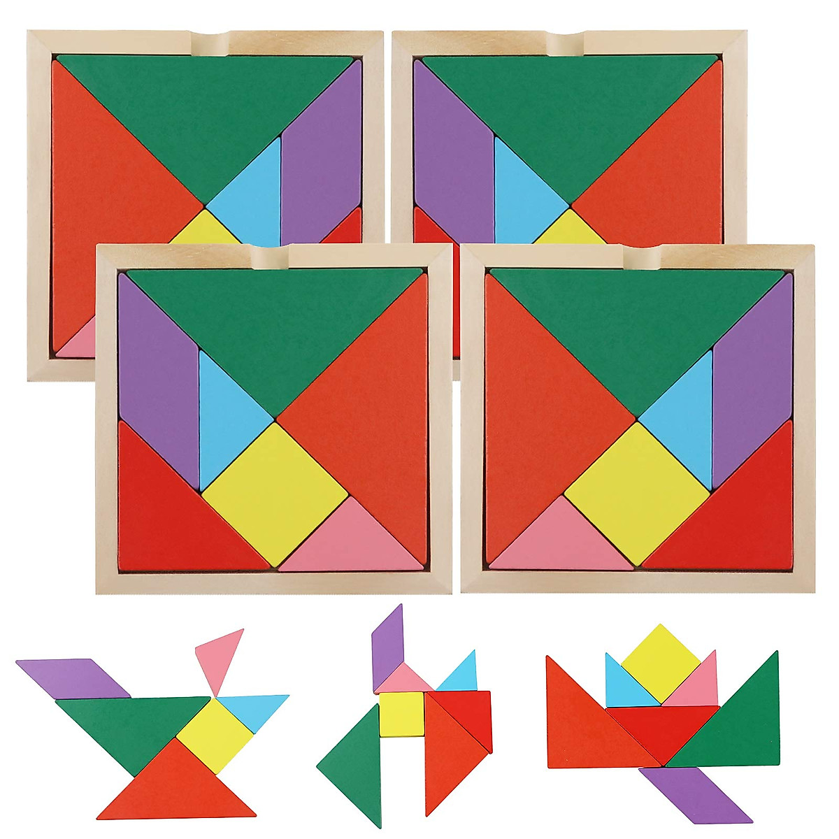 3 otters Wooden Tangrams Puzzles, 4 Pack Educational Tangrams Shapes Puzzle Toys for Kids Christmas Stocking Stuffers, STEM Montessori Wood Toy, Brain Logic Blocks