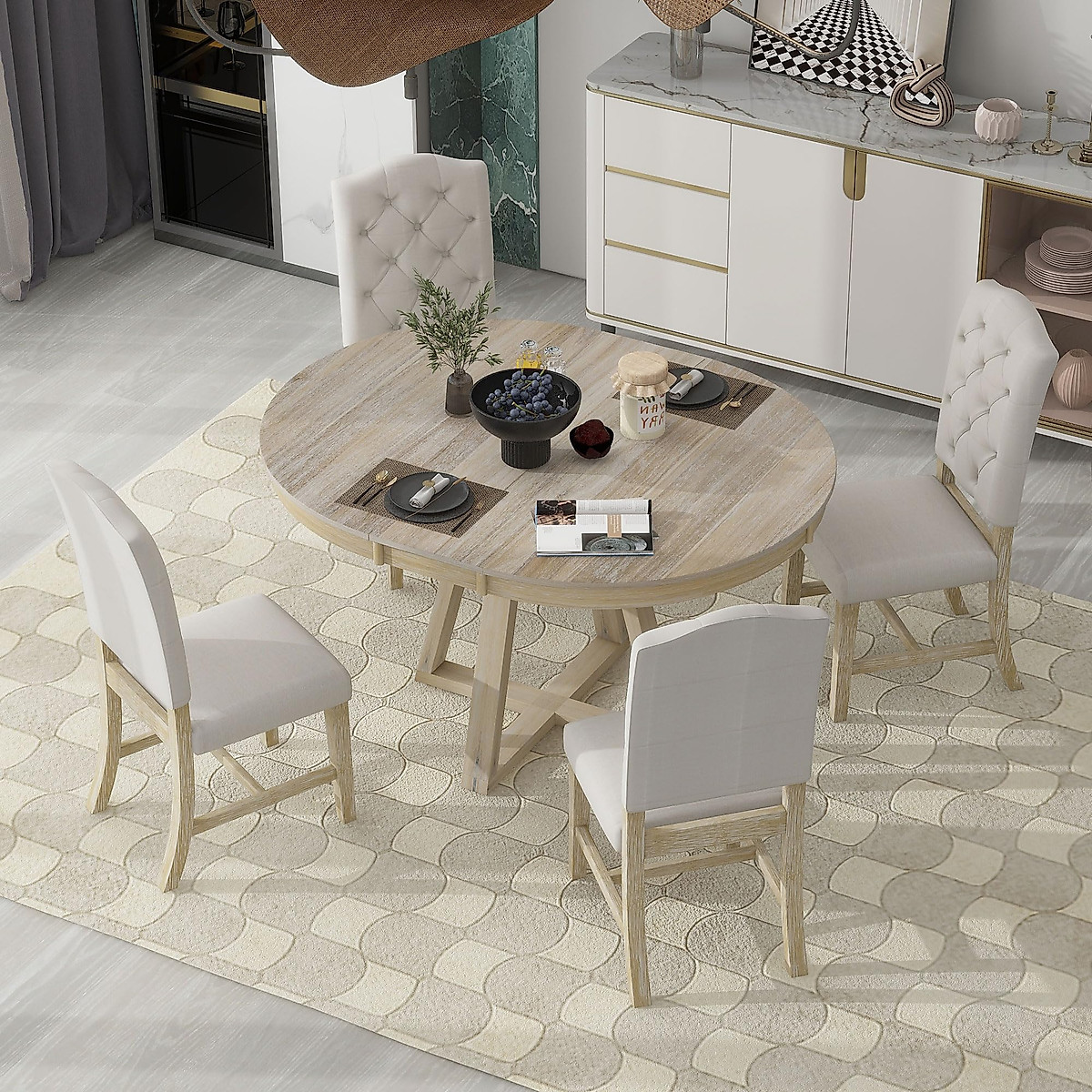 Lifeand 5-Piece Retro Functional Set, Round Table with a 16" w Leaf and 4 Upholstered Chairs for Dining Living Room,Natural