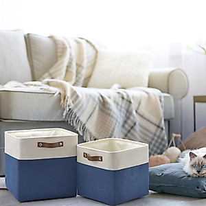 Patvingot 13 Inch Cube Storage Bins,Set of 4 , Foldable Storage Basket with PU Handles for Organizing Home, Closet,Clothes, Toy, Book,Laundry,Office, Organizers for Shelves (White&Blue)