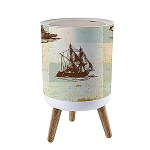 Small Trash Can with Lid Sailing ships in vintage style Old caravel abstract seamless on the Garbage Bin Wood Waste Bin Press Cover Round Wastebasket for Bathroom Bedroom Kitchen 7L/1.8 Gallon