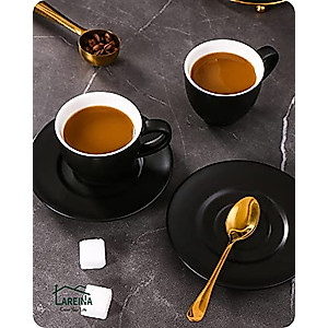 Lareina Espresso Cups with Saucers, Spoons and Metal holder, 3 oz Porcelain Demitasse Cups Set of 6, Small Coffee Cups with Handle for Nespresso Lungo, Espresso, Cortado and Tea, Black