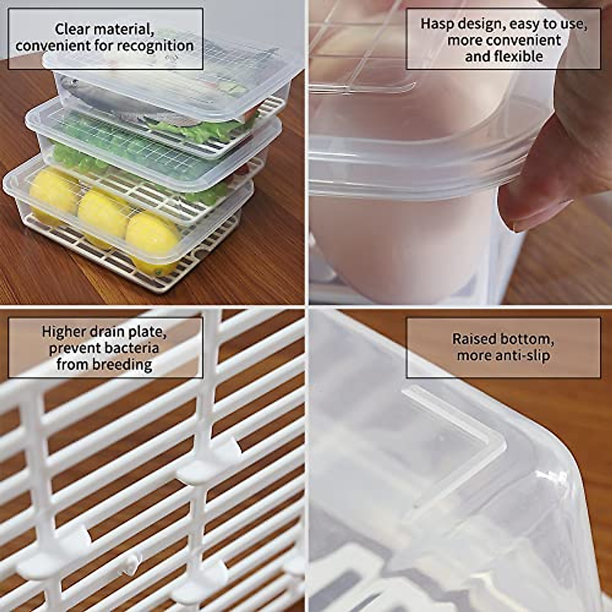 77L Food Storage Container, (3-Pack) Plastic Food Containers with Removable Drain Plate and Lid, Stackable Portable Freezer Storage Containers - Tray to Keep Fruits, Vegetables, Meat and More (Large)