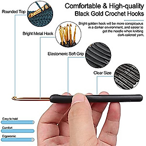 Coopay Black Gold Crochet Hooks Needles for Arthritic Hands, 2.0-6.0mm Crochet Hook Set Ergonomic Soft Grips Knitting Hook for Crochet Yarn Craft, Aluminum Knitting Crochet Supplies Kit for Knitter