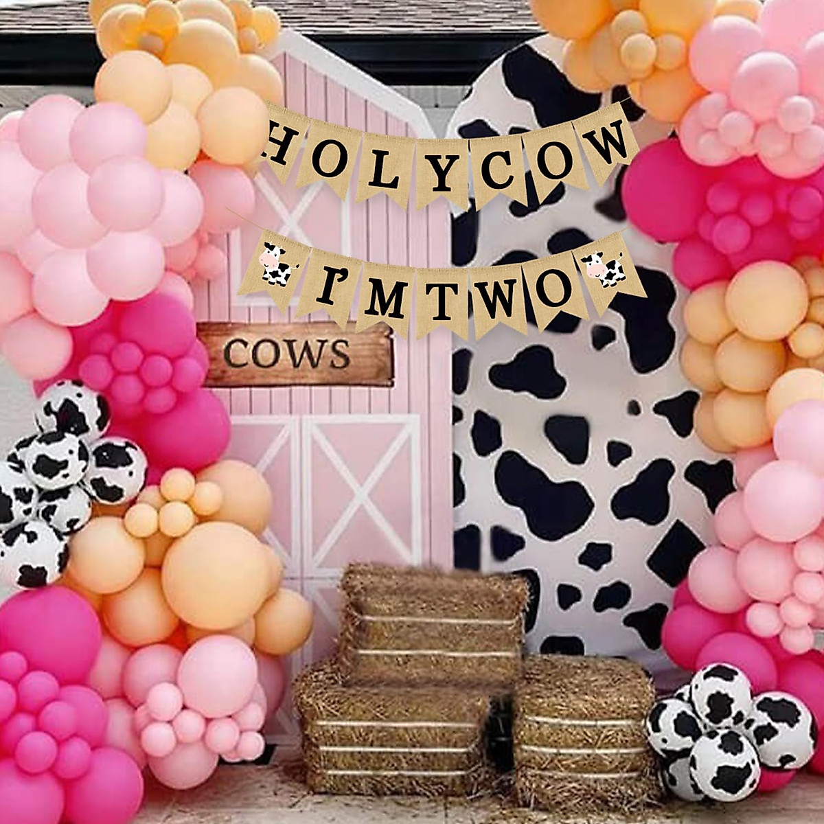 Holy Cow I'm Two Banner Farm 2nd Birthday Party Decoration Barnyard Burlap Garlands Western Boy Girl Second Birthday Supplies Black