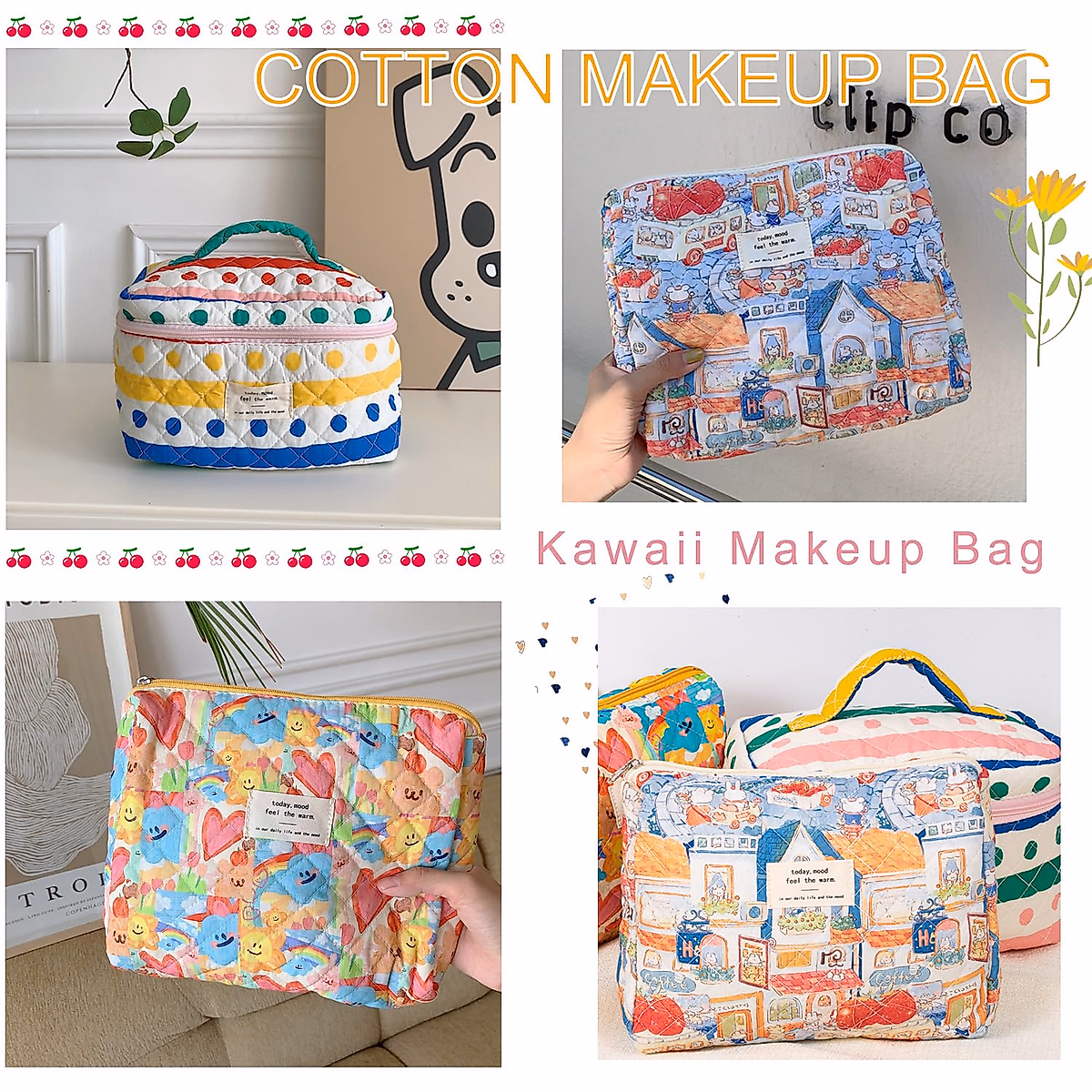 Cotton Quilted Makeup Bag Cut Cosmetic Pouch Large Capacity Flap Handheld Travel Cosmetic Bag Kawaii Coquette Aesthetic Floral Toiletry Bag for Women (Colourful Dots)