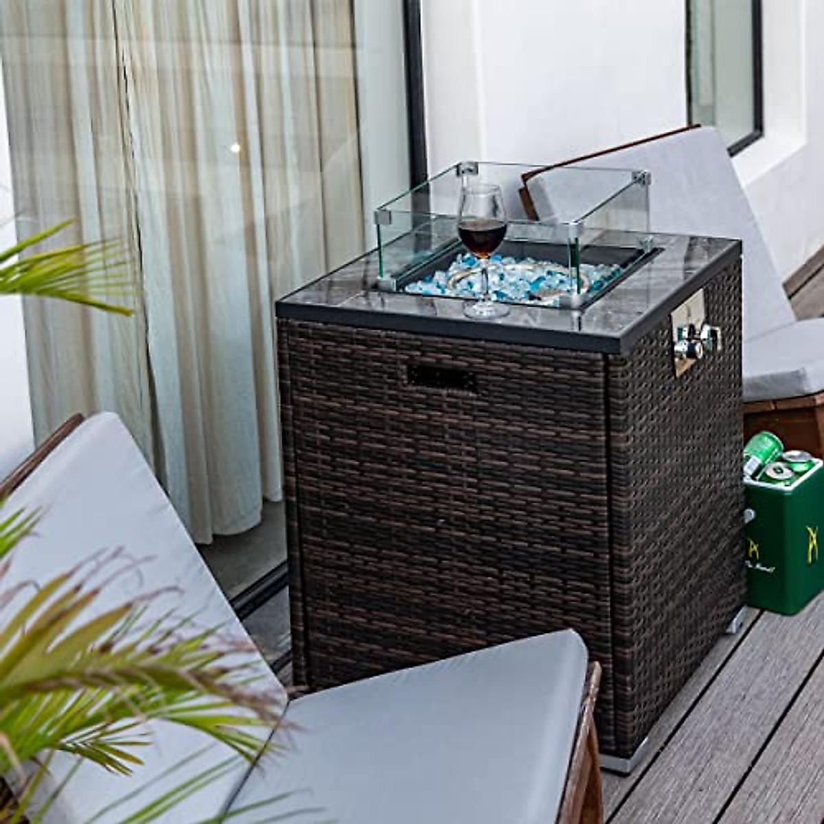 AJ Enjoy 24in Outdoor Propane Gas Fire Pit Table, 40,000 BTU Auto-Ignition Gas Firepit with Glass Wind Guard, Marble Tile Tabletop, Mixed Color Glass Rocks, Brown PE Rattan