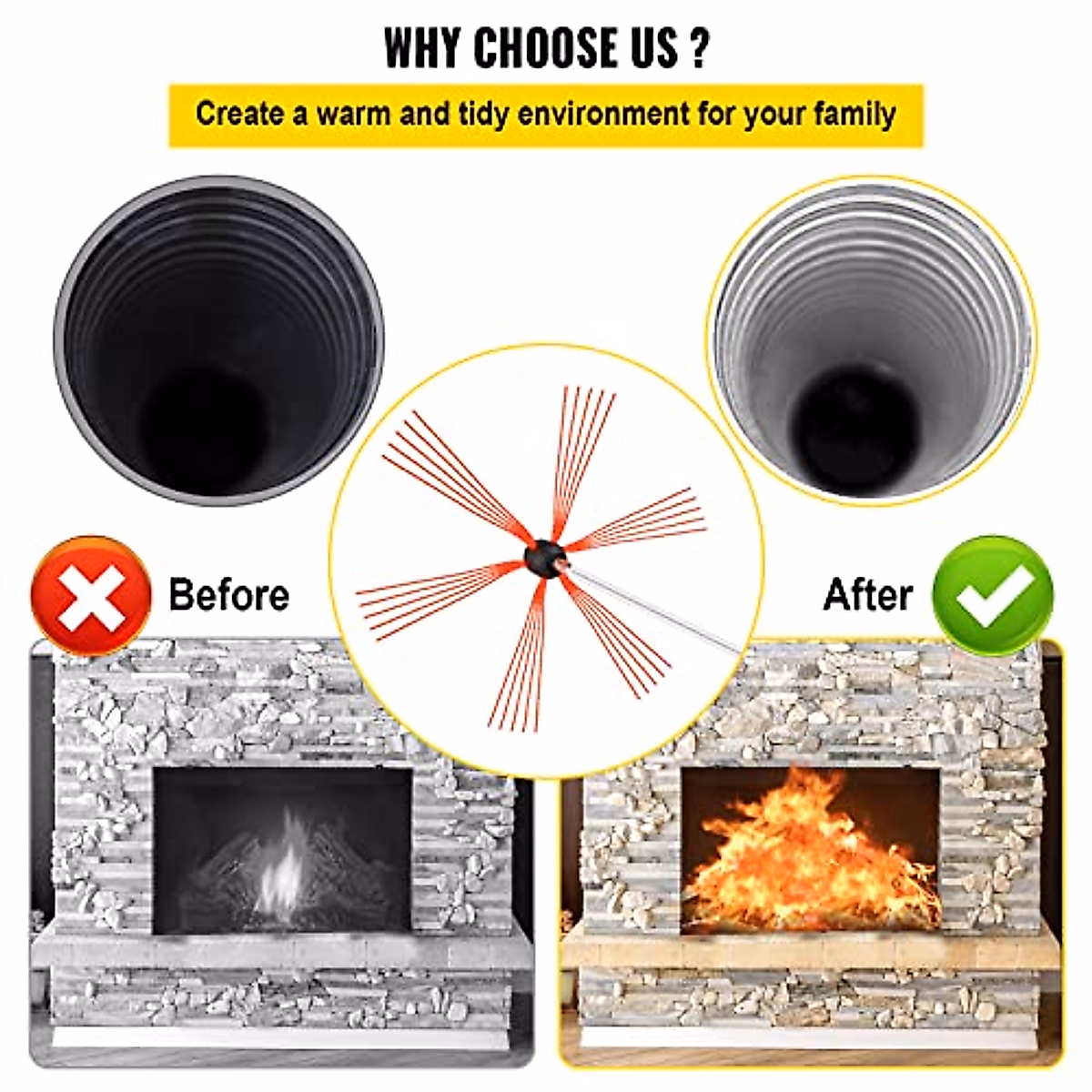 VEVOR Chimney Sweep Kit 20FT Length, Chimney Brush Kit with 6 Nylon Flexible Rods, Rotary Chimney Cleaning Kit Driven by Drill, Chimney Cleaning Tool Kits for Sweeping Fireplace Flue