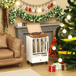 Gannyfer Vinyl Record Storage Table,3-Tier Record Player Stand with Metal Legs,Cube Turntable Stand Record Holder Up to 150 Albums,Retro Vinyl Storage Cabinet Display Shelf for Bedroom Living Room