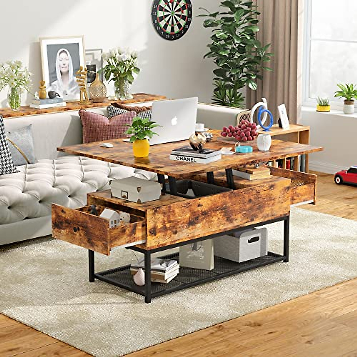 KCRET 43" Lift Top Coffee Table, 3 in 1 Multi-Function Coffee Table Modern Coffee Lift Table Dining Table with 2 Storage Drawers and Hidden Compartment for Living Room Reception Room (Rustic Brown)