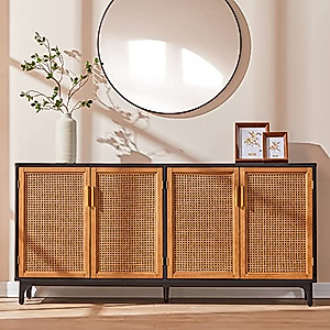 AMERLIFE Sideboard Buffet Cabinet with Woven Natural Rattan Doors and Adjustable Shelf, Vantage Kitchen Storage Liquor Cabinet, Console Table for Living Room, Dining Room, Hallway, Black