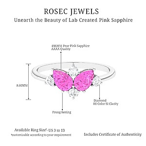 Rosec Jewels 1.5 Cttw Pear Cut Created Pink Sapphire Cluster Promise Ring with Diamond| AAAA Quality, 14K White Gold, Size:US 6.50