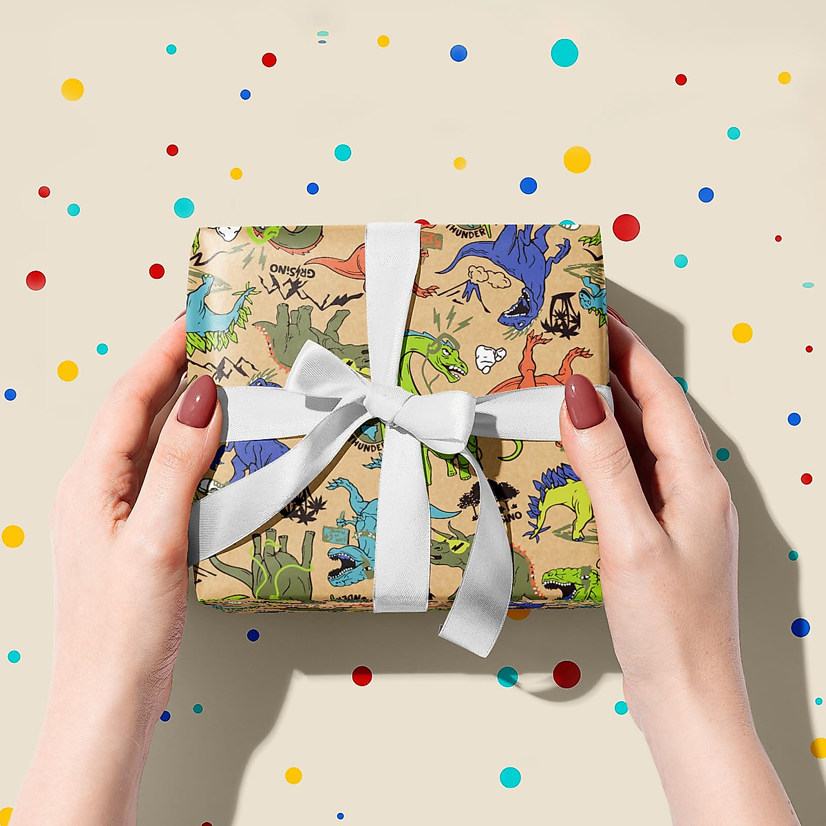 RUSPEPA Kraft Wrapping Paper Roll - Mini Roll - Colorful Dinosaur Design Great for Kids' Birthday, Boys' Birthday Party and More - 17 Inches X 16.5 Feet