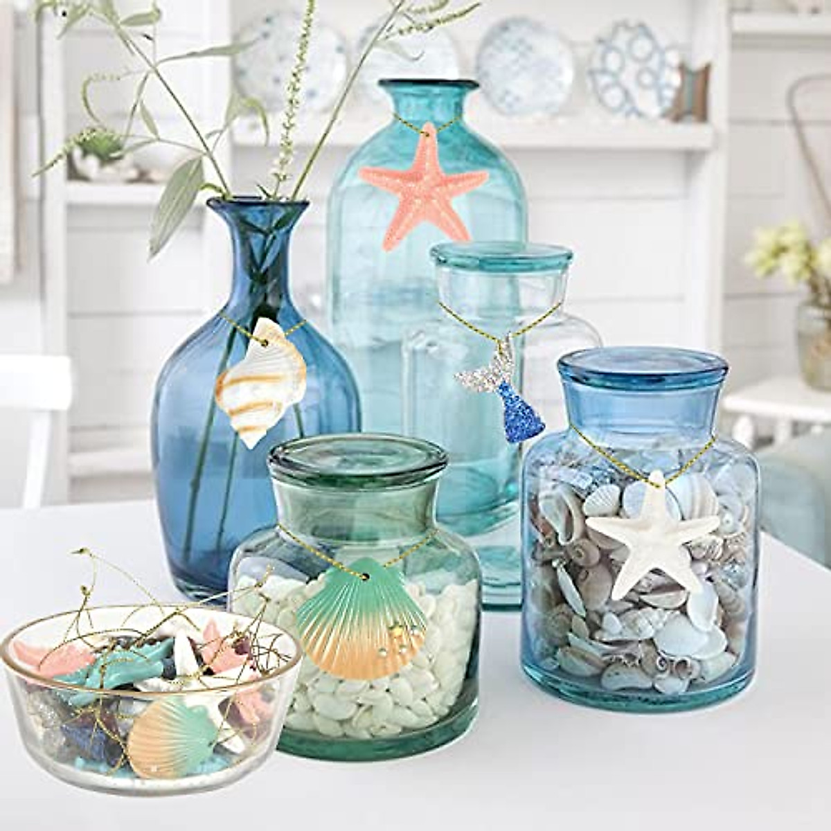 LOMIMOS 36PCS Christmas Ocean Themed Ornament,Colorful Summer Resin Pencil Finger with Rope,Assorted Beach Seashell Starfish Seahorse Nautical Hanging Decor for Wedding Birthday Party Craft