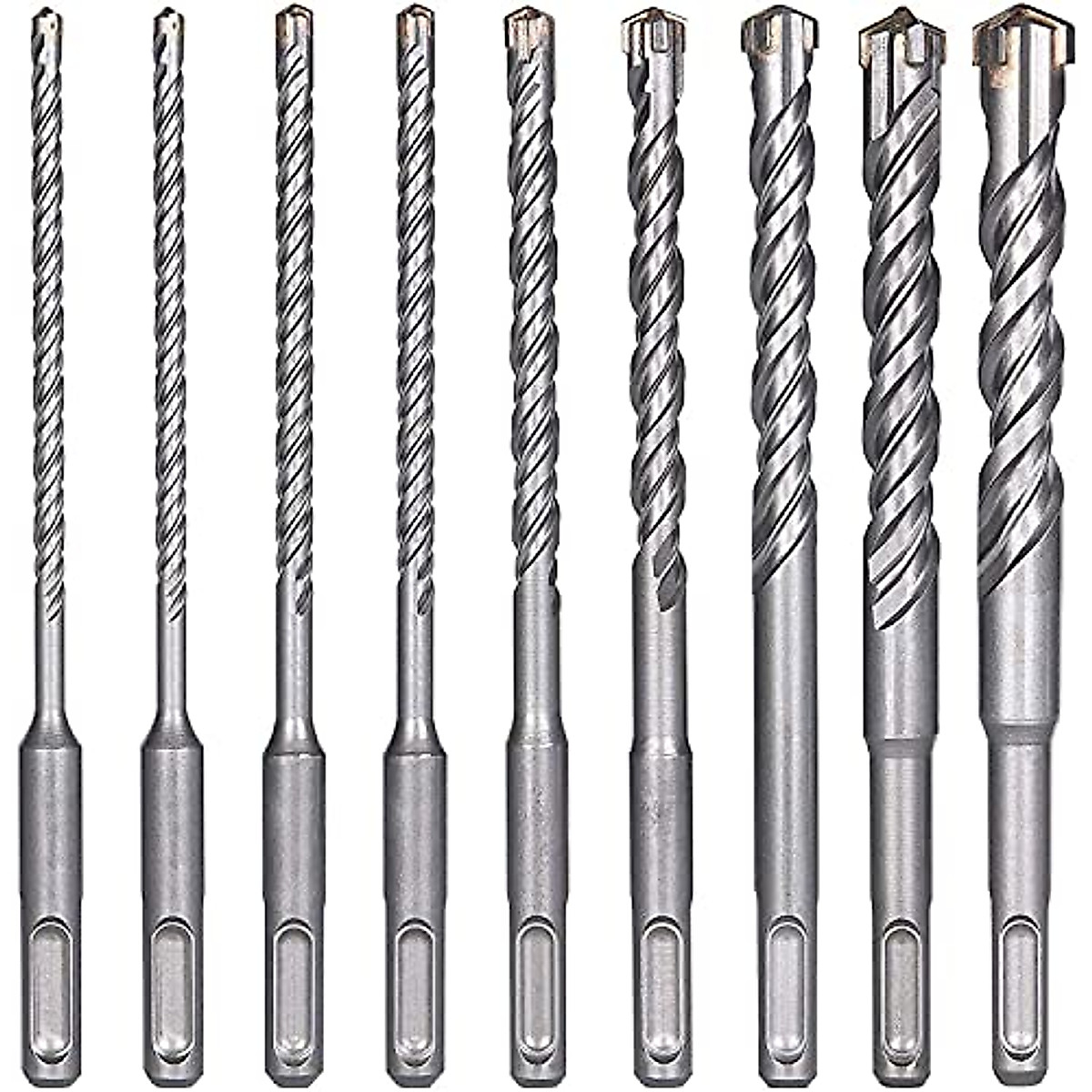 9 Piece Carbon Steel Hammer Drill Bit Set, SDS Carbide Drill for Bricks Masonry Concrete Cement Stone Rocks etc