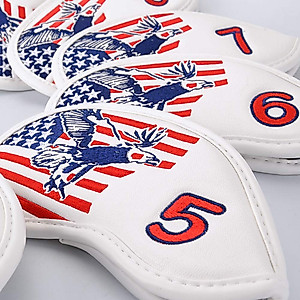 GOOACTION 11PCS USA Eagle Golf Club Iron Headcovers American Stars Stripes Flag Pattern Thick Synthetic Leather Patriotic Golf Head Covers Set