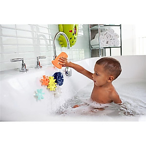 Boon Cogs Baby Bath Toys - Spinning Gear Themed Sensory Baby Toys for Bathtub - Suction Toys for Bathtub Walls - Navy and Yellow - 5 Count - Ages 12 Months and Up