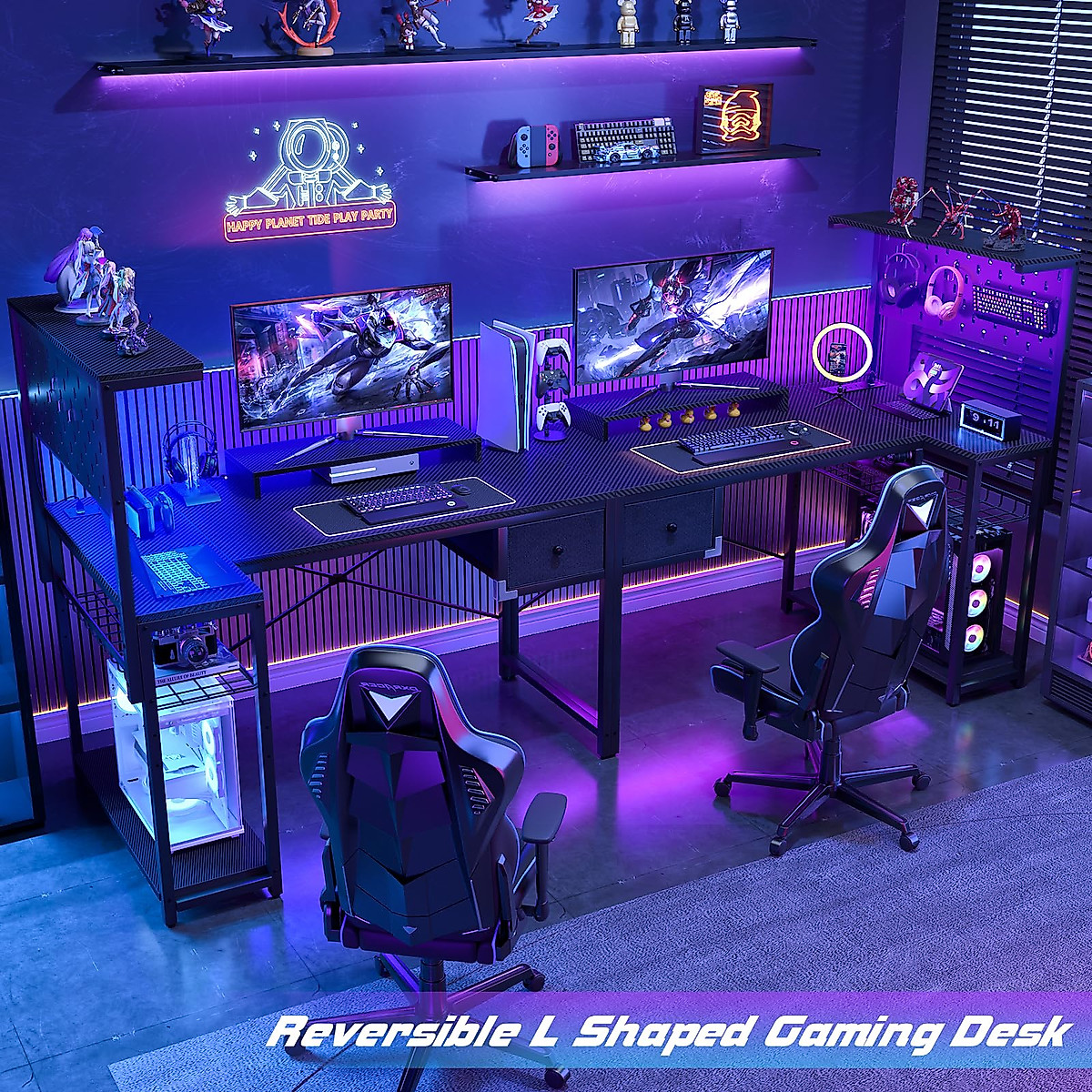 Homieasy L Shaped Gaming Desk with Drawer & Pegboard, 47 inch LED Small Computer Desk with Power Outlet & Storage Shelves, Reversible Corner Desk with Monitor Stand, Headset Hooks, Carbon Fiber Black