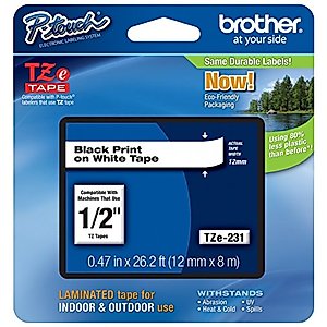 Genuine Brother 1/2" (12mm) Black on White TZe P-Touch Tape for Brother PT-2200, PT2200 Label Maker with Free TZe Tape Guide Included
