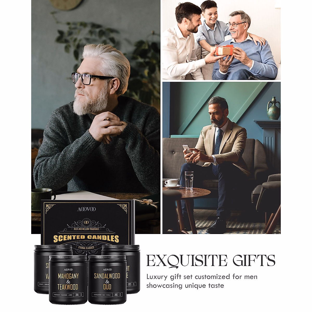 AOOVOO Scented Candles for Men - Candles for Home Scented, Soy Candles, Scented Candles Set, Men Candle Set, Sandalwood Oud/Mahogany Teakwood/Smoke Vanilla/Jasmine Candles Set A