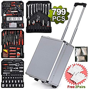 TUFFIOM Tool Box with Tools 799pcs Household Tool Set with Aluminum Trolley Case, Auto Repair Tool Kit Toolbox and Wheels