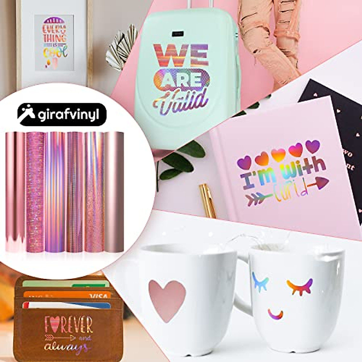 GIRAFVINYL Holographic Vinyl Rose Gold Permanent Vinyl Adhesive Vinyl for cricut 12” X 12” 6Pcs Vinyl for Decor,Car,Home,Tumblers
